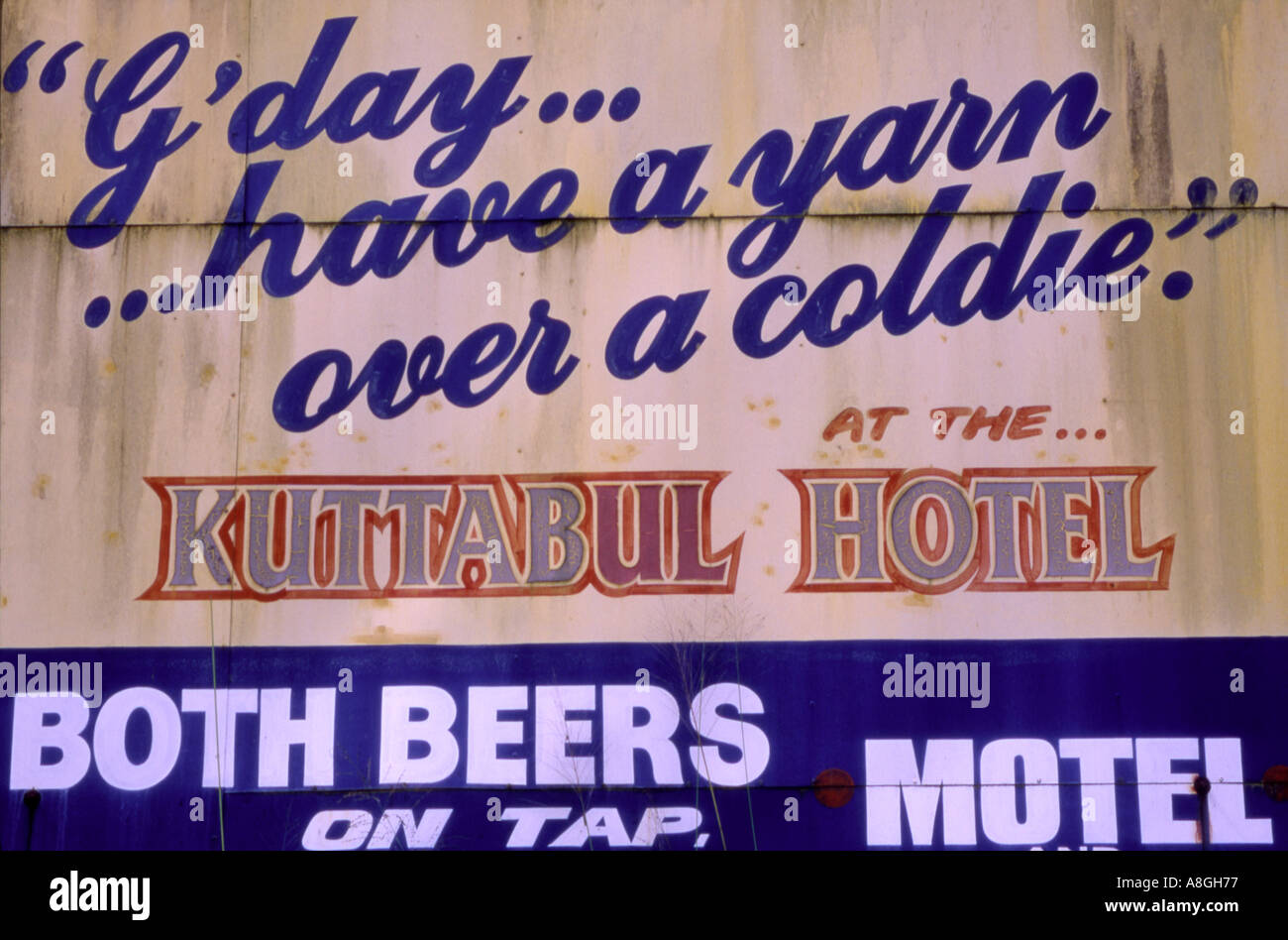 Old Australian pub hotel sign with iconic words G Day and Coldie beer ...