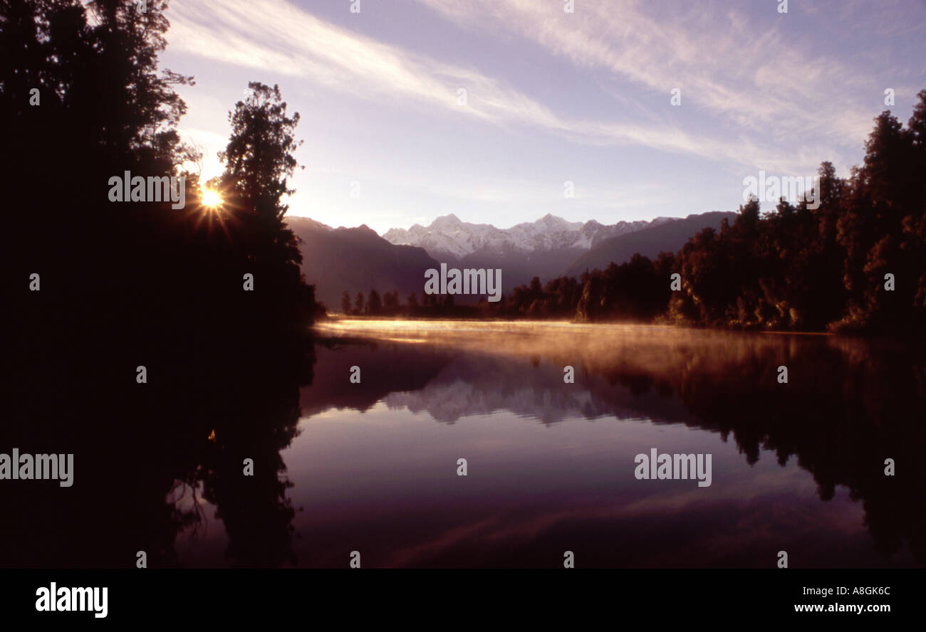 Reflections of the Mount Cook range on Lake Matheson West Coast New ...
