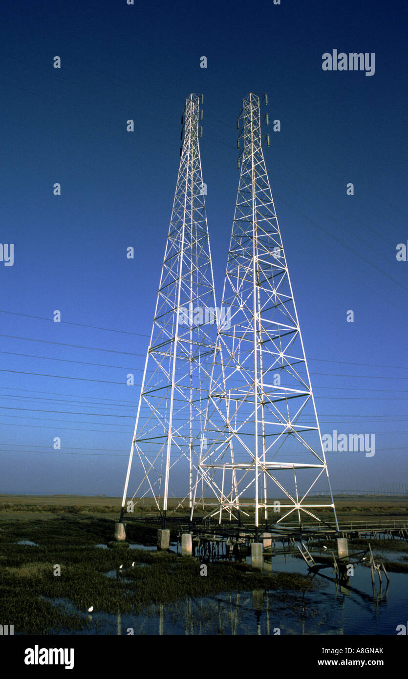 electric power towers and lines on a salt water marsh along San ...