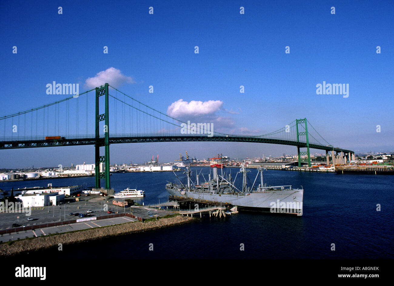 Victory ship in Los Angeles harbor and Vincent Thomas Bridge Stock ...
