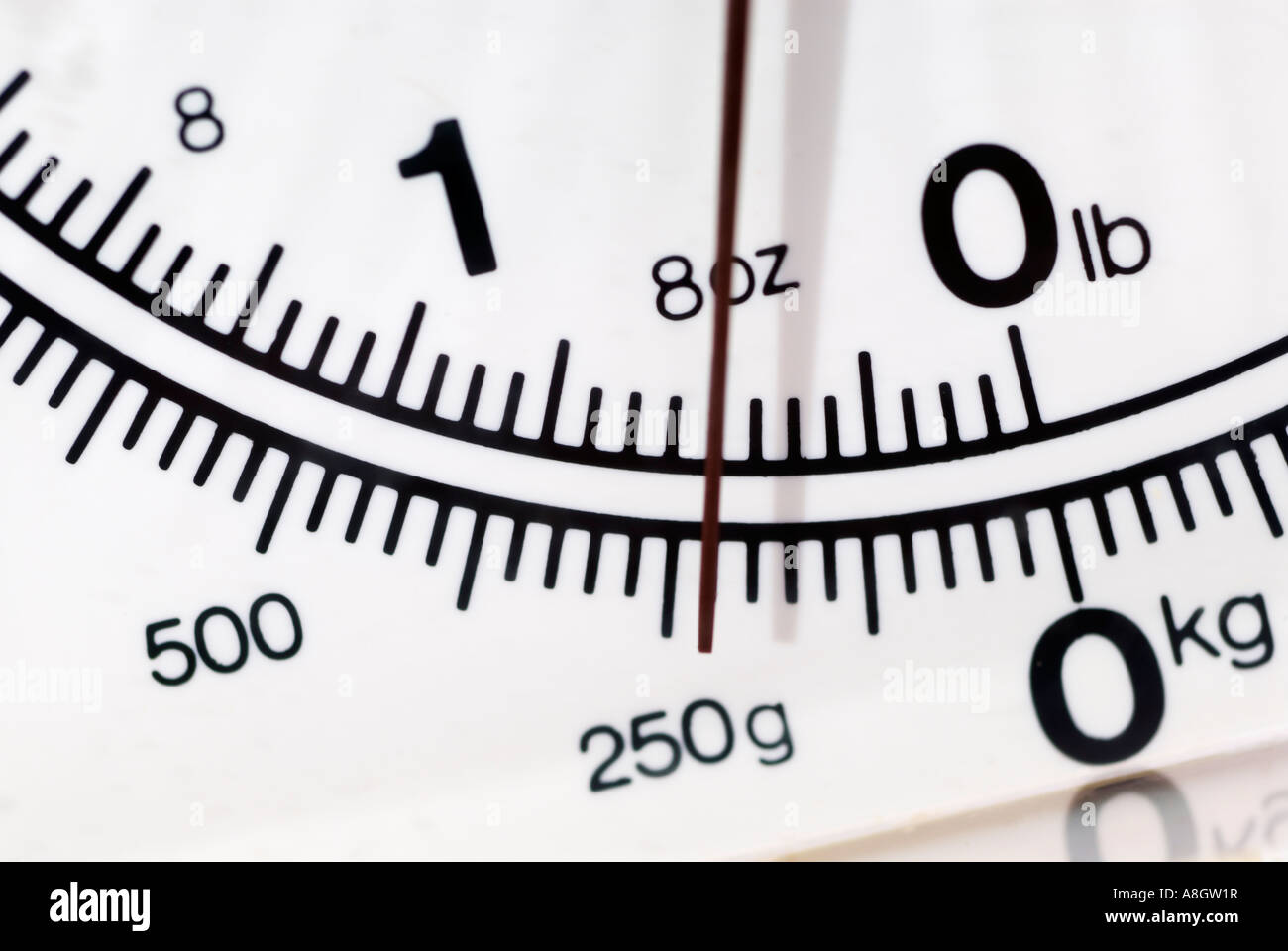 Close up of the dial on kitchen weighing scales at eight ounces Stock ...