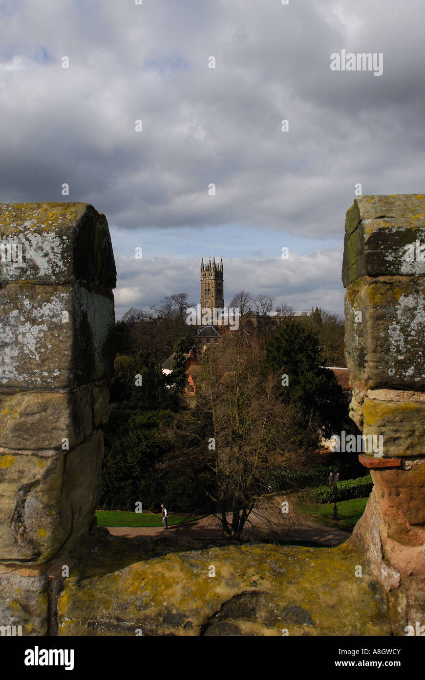 the english countryside seen through the battlements of a english keep ...