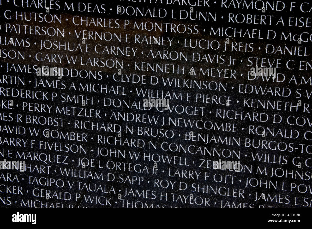 Panel of the Viet Nam Memorial Wall showing inscribed names of those ...