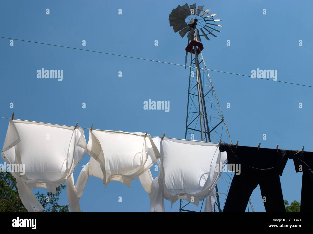 Clothes Billowing in Wind and Windmill Amish Farm and House Lancaster ...
