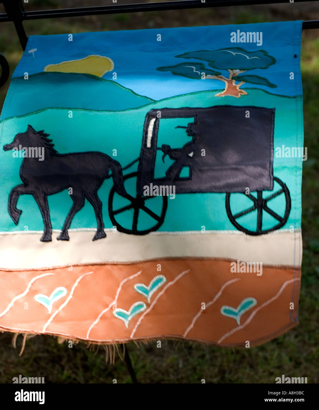 Flag with Horse and Buggy Flapping in Breeze Amish Farm and House ...