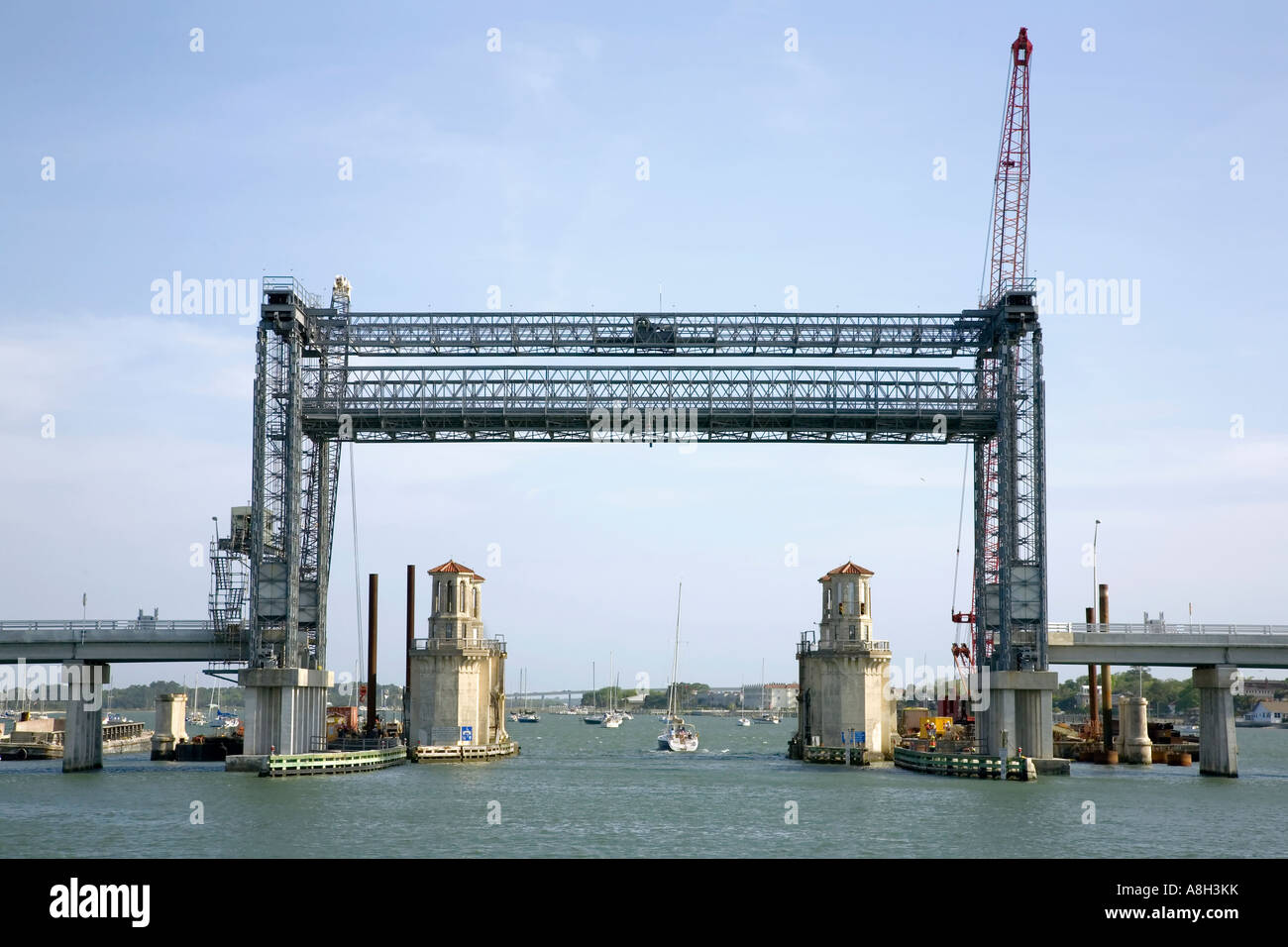 The temporary lift bridge in the raised position and construction work ...
