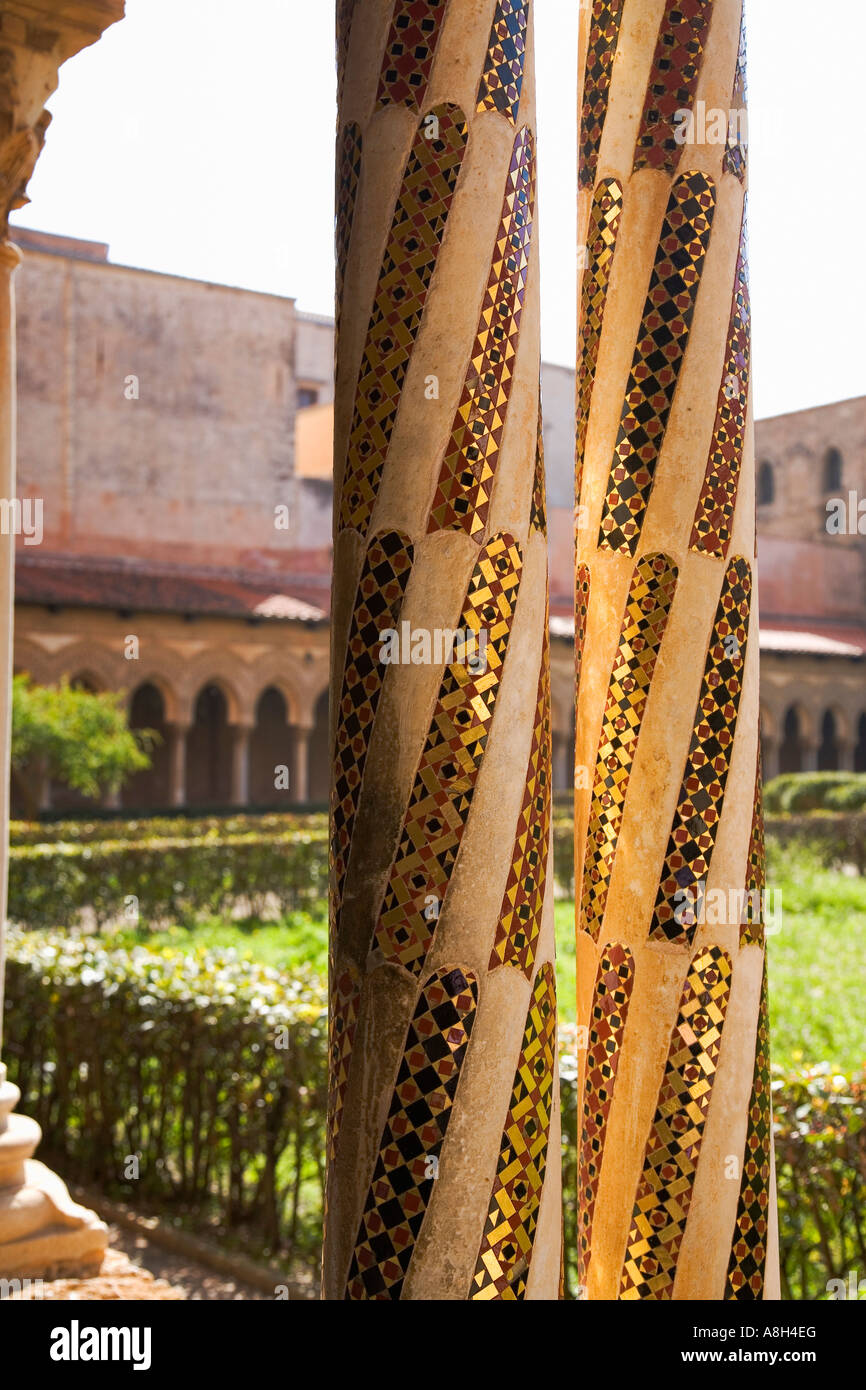 Inlaid mosaic columns in the Cloister of the Abbey of Monreale attached ...