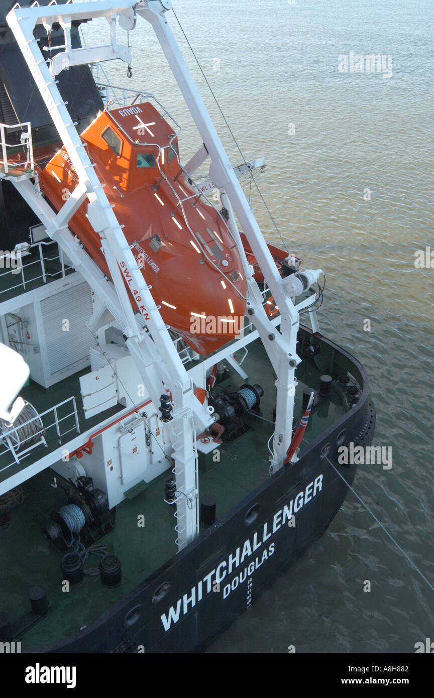 Escape craft on Oiling Barge Stock Photo - Alamy