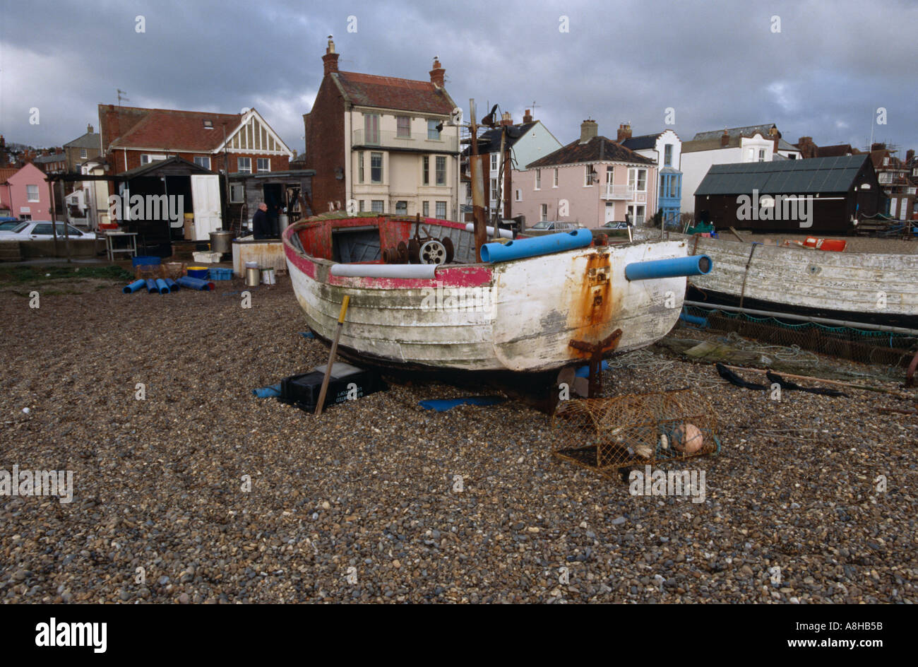 Fishing Boats and Clutter on Aldeburgh Beach Stock Photo - Alamy