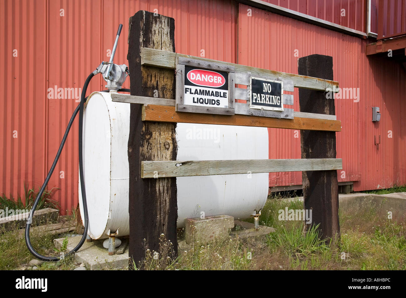 Danger Flammable liquids sign and no parking sign posted by fuel tank ...