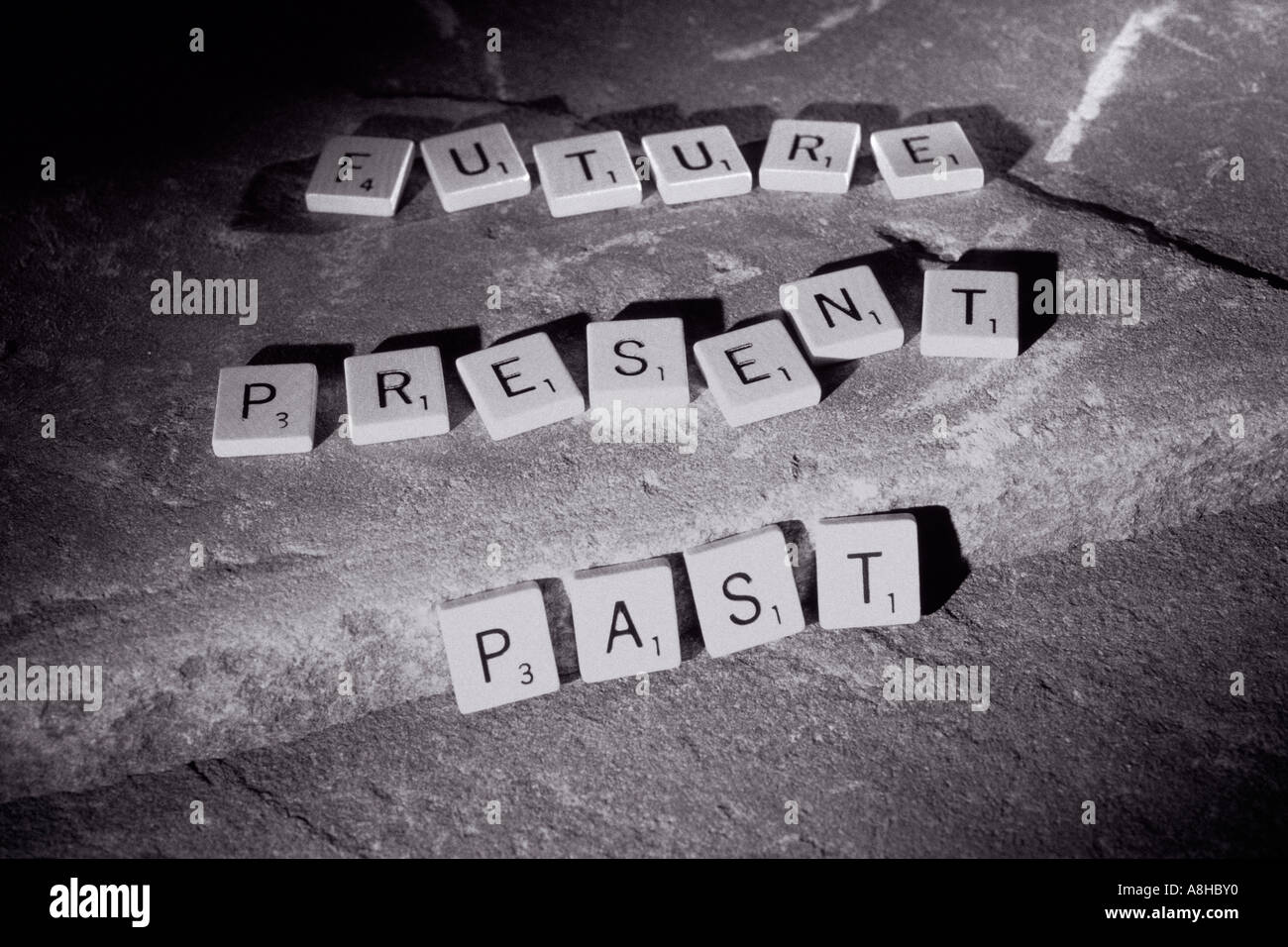 The words Past Present and Future spelled out with scrabble letters ...
