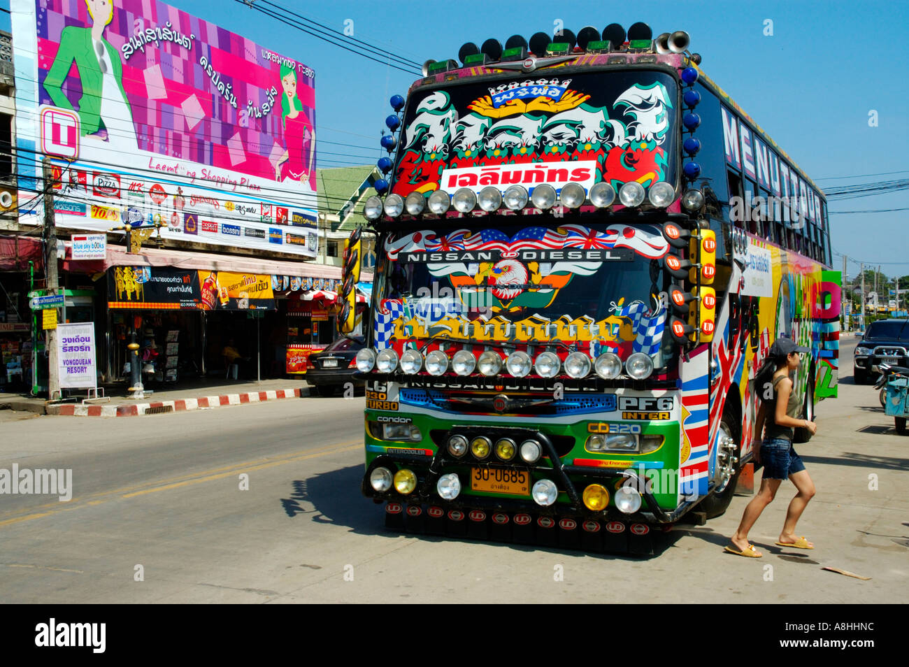Colourful styled VIP Bus with plenty of lamps Ban Phe Thailand Stock ...