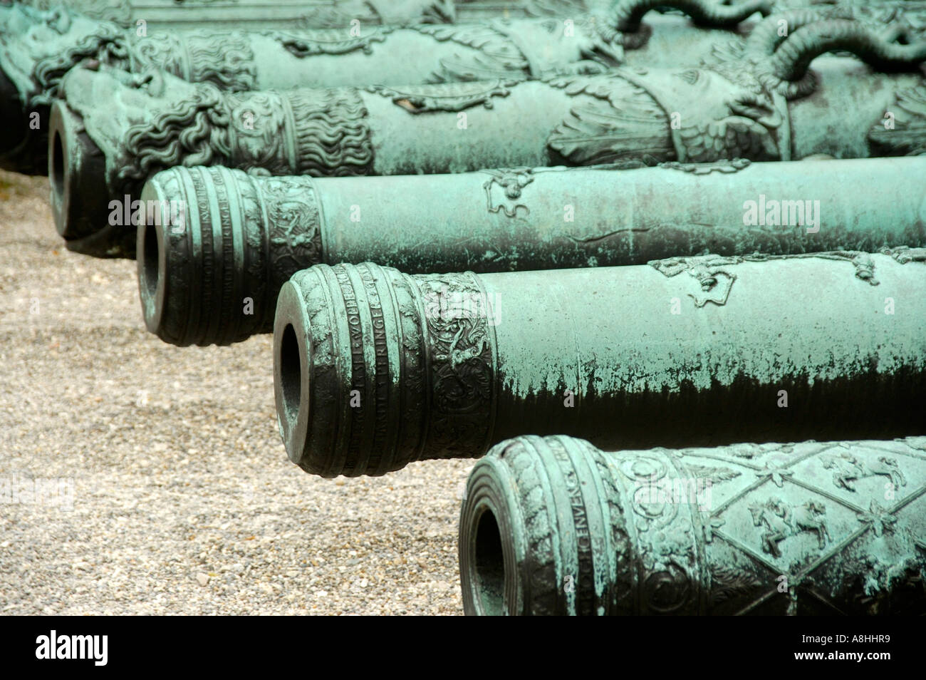 Patina covered old cannons in front of the castle Ingolstadt Bavaria ...