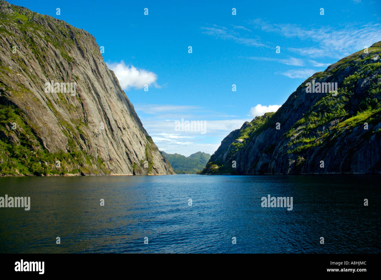 Steep wall of rocks narrow fjord Trollfjorden Lofoten Norway Stock ...