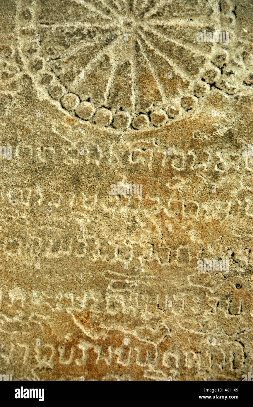 Stele with old script in Pali Sanskrit temple Haw Pha Kaew Vientiane ...