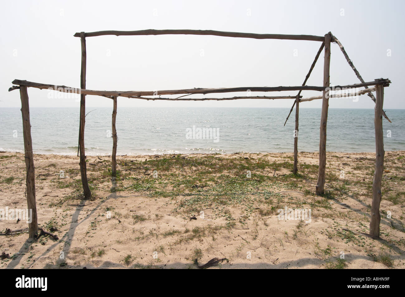 Frame of a beach hut being built on a beach in the beach resort ...