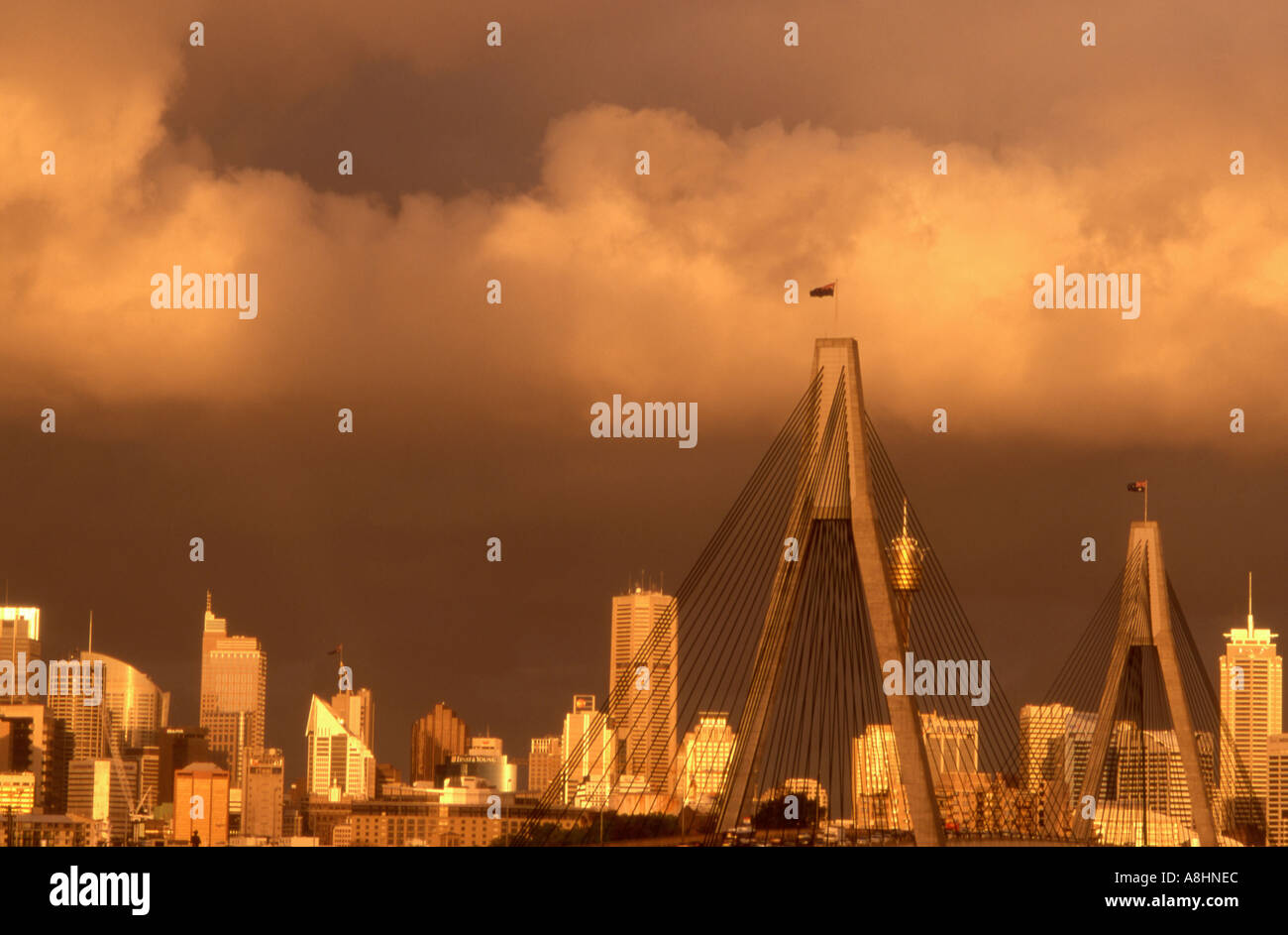 Anzac Bridge Sydney with CBD in background and at sunset Stock Photo ...