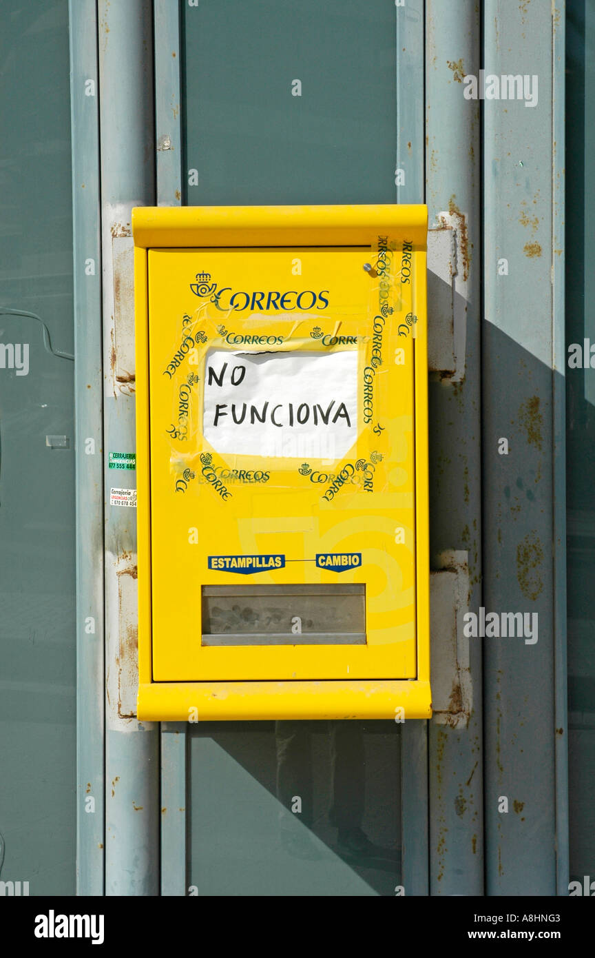 Yellow letter box with sign out of order, no funciona, not wroking ...