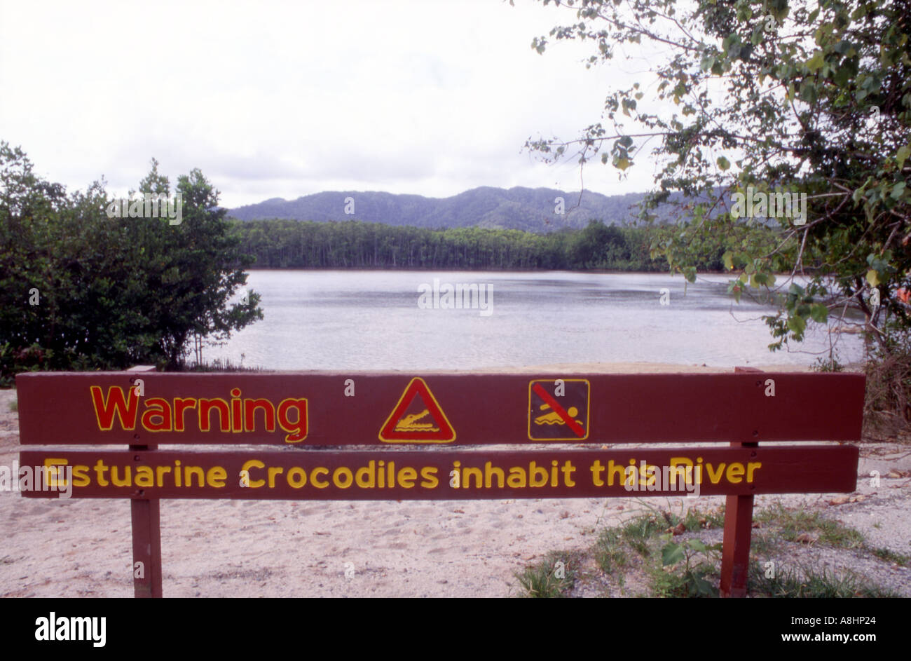 Warning sign about the dangers of crocodiles on the bank of the ...