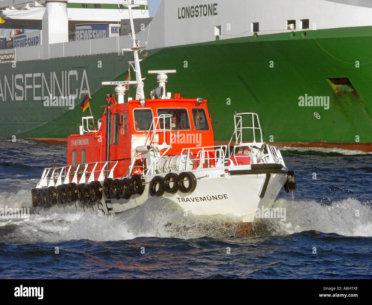 Pilot boat at the ferry ship "Transfennica Stock Photo - Alamy