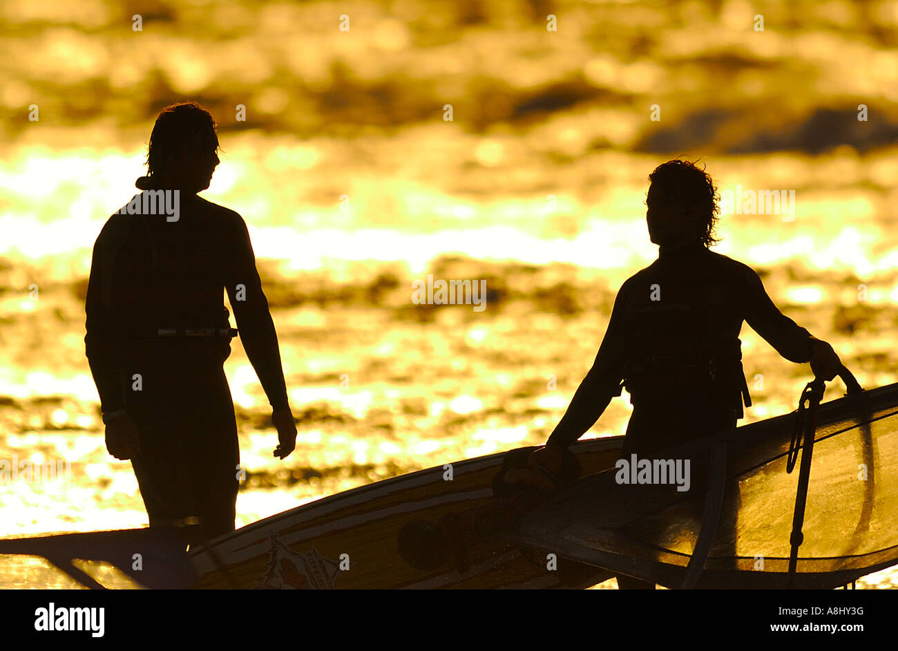 Windsurf men talking by the late light with his surf stuff equipment on ...