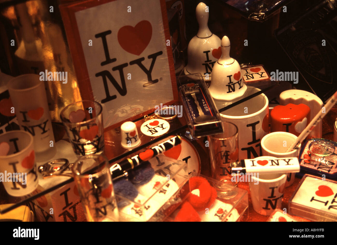 array of I Love New York tourism products in souvenir shop window in ...