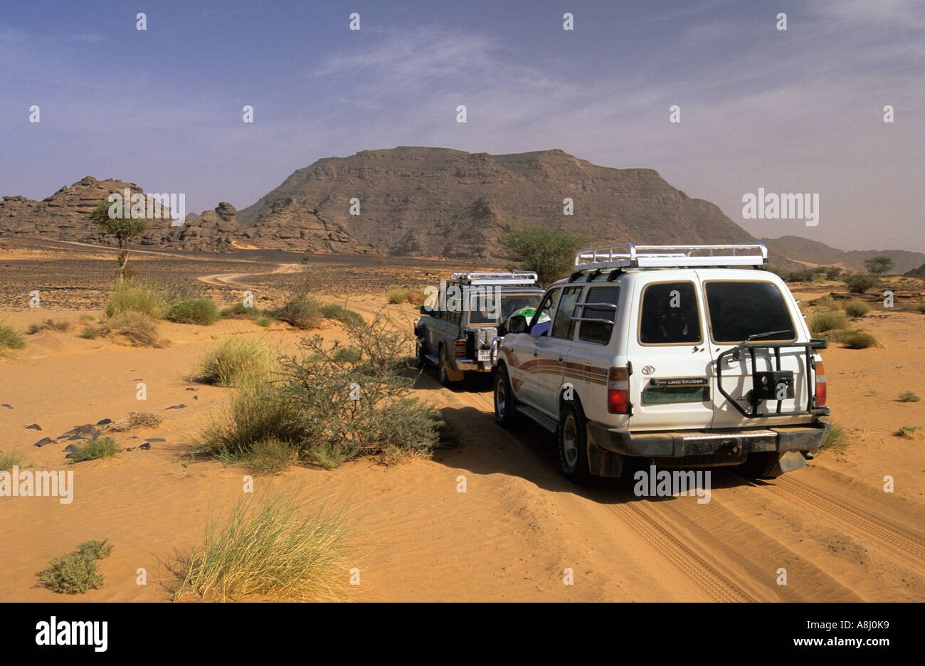 Libya Fezzan Sahara desert Akakus Jeeps driving on desert road Stock ...