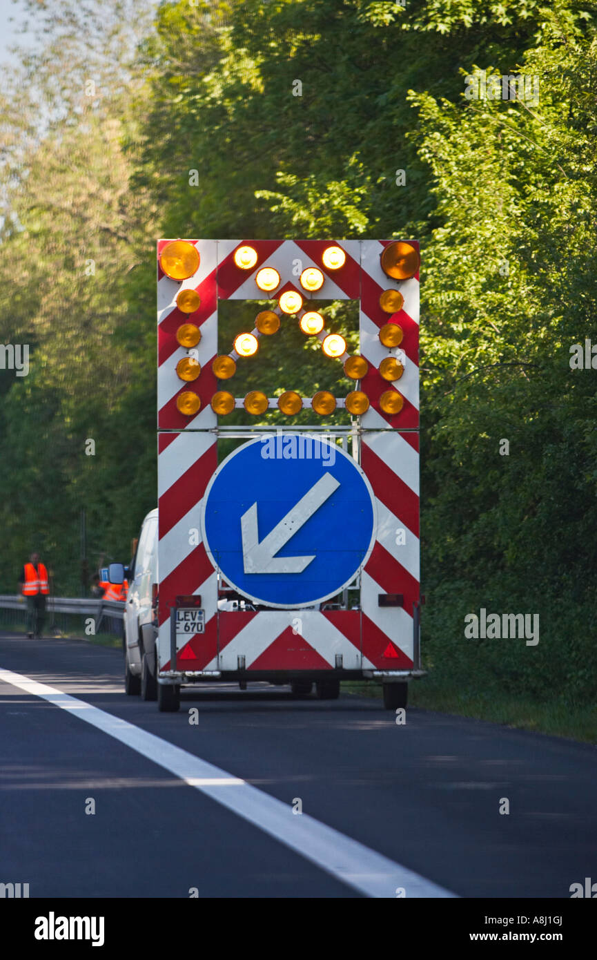 Roadworks sign advance warning vehicle on a German autobahn, Germany ...