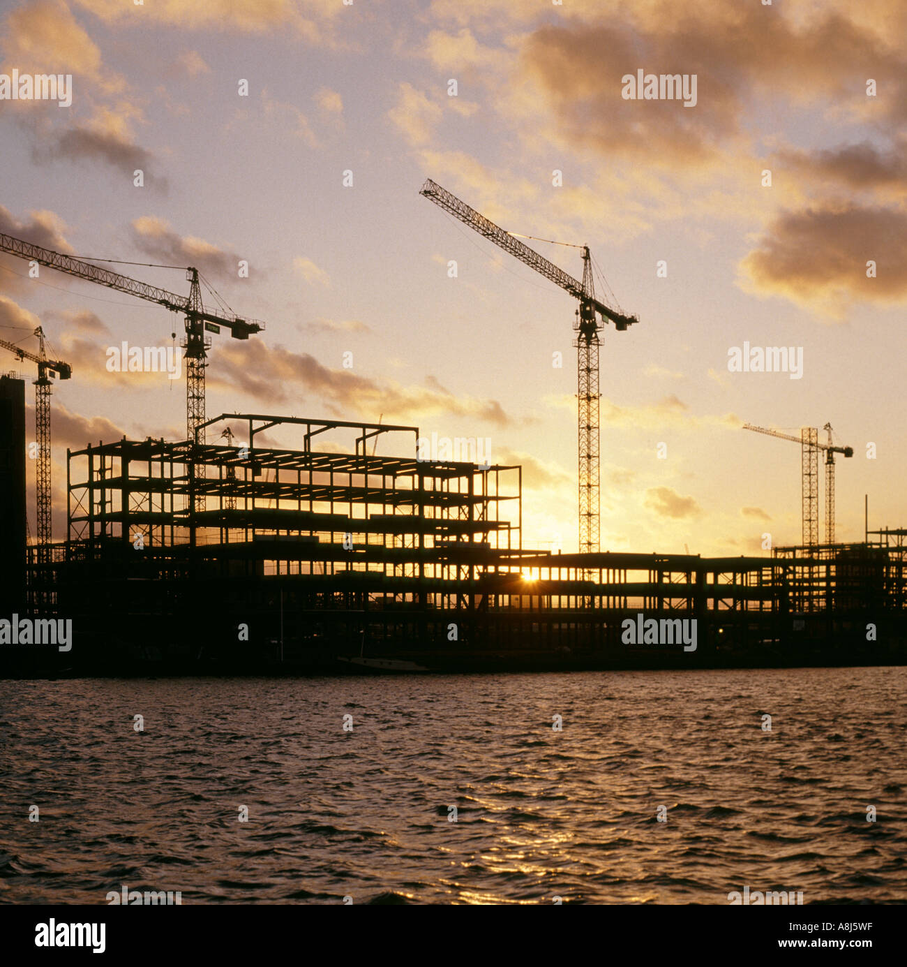 London waterside redevelopment in progress using steel frame structure ...