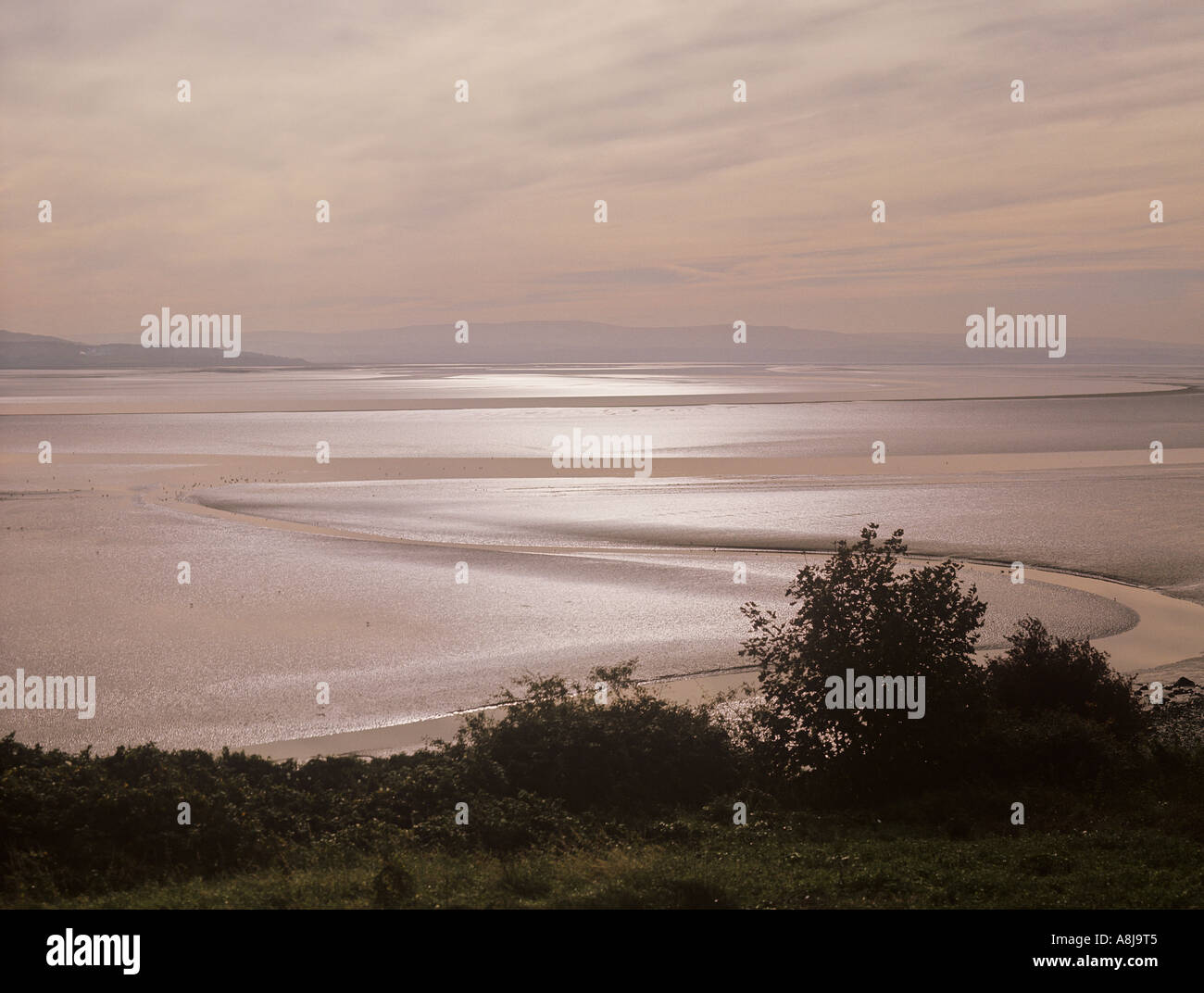 Wide tidal flats of Morecambe Bay looking South from Grange over Sands ...