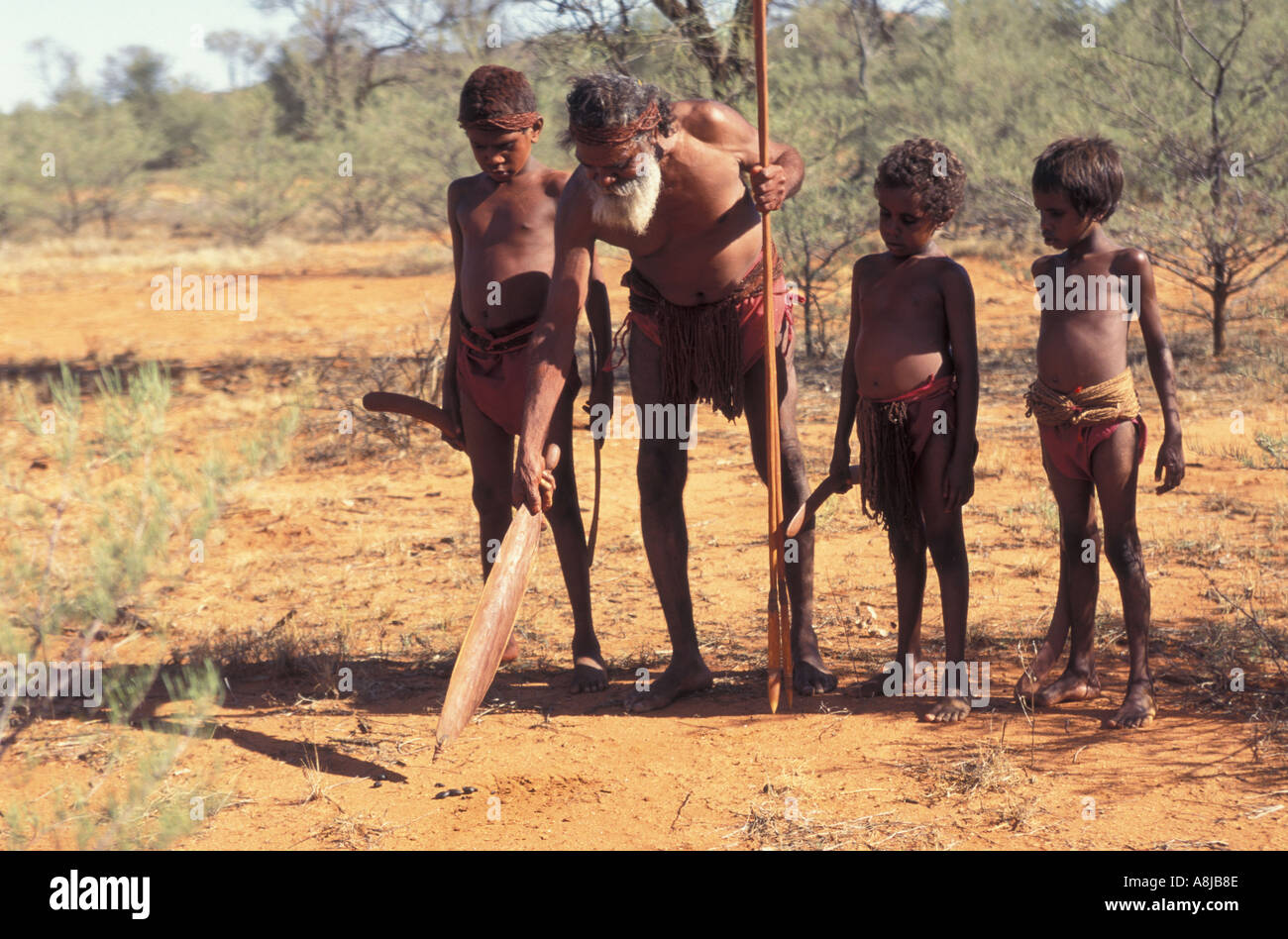 Aboriginal elder points to track in desert sand with spear in Stock ...
