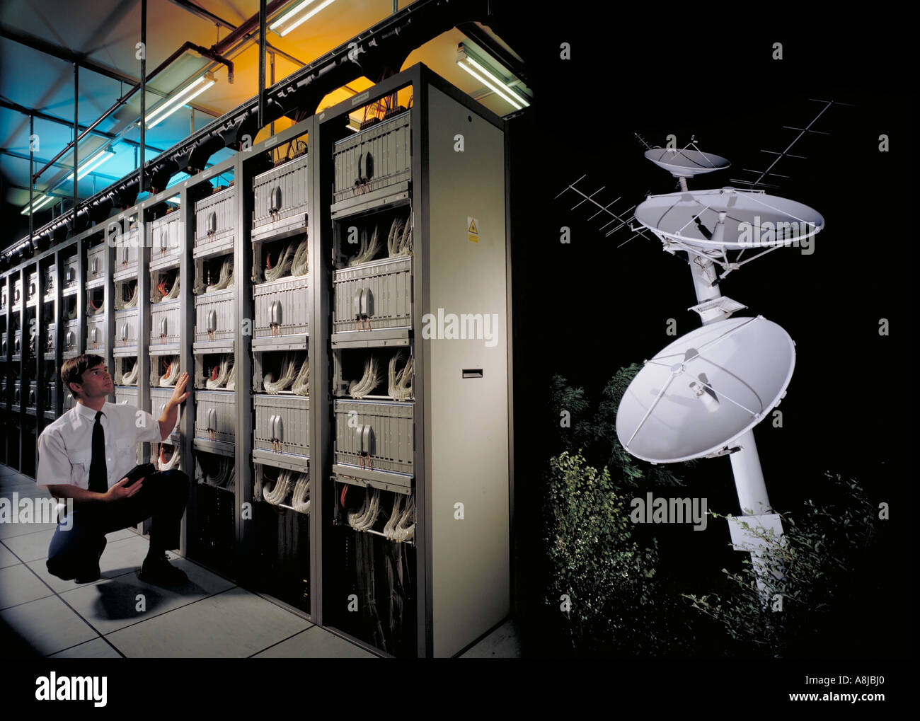 Composite of satellite telecommunications groundstation control room ...