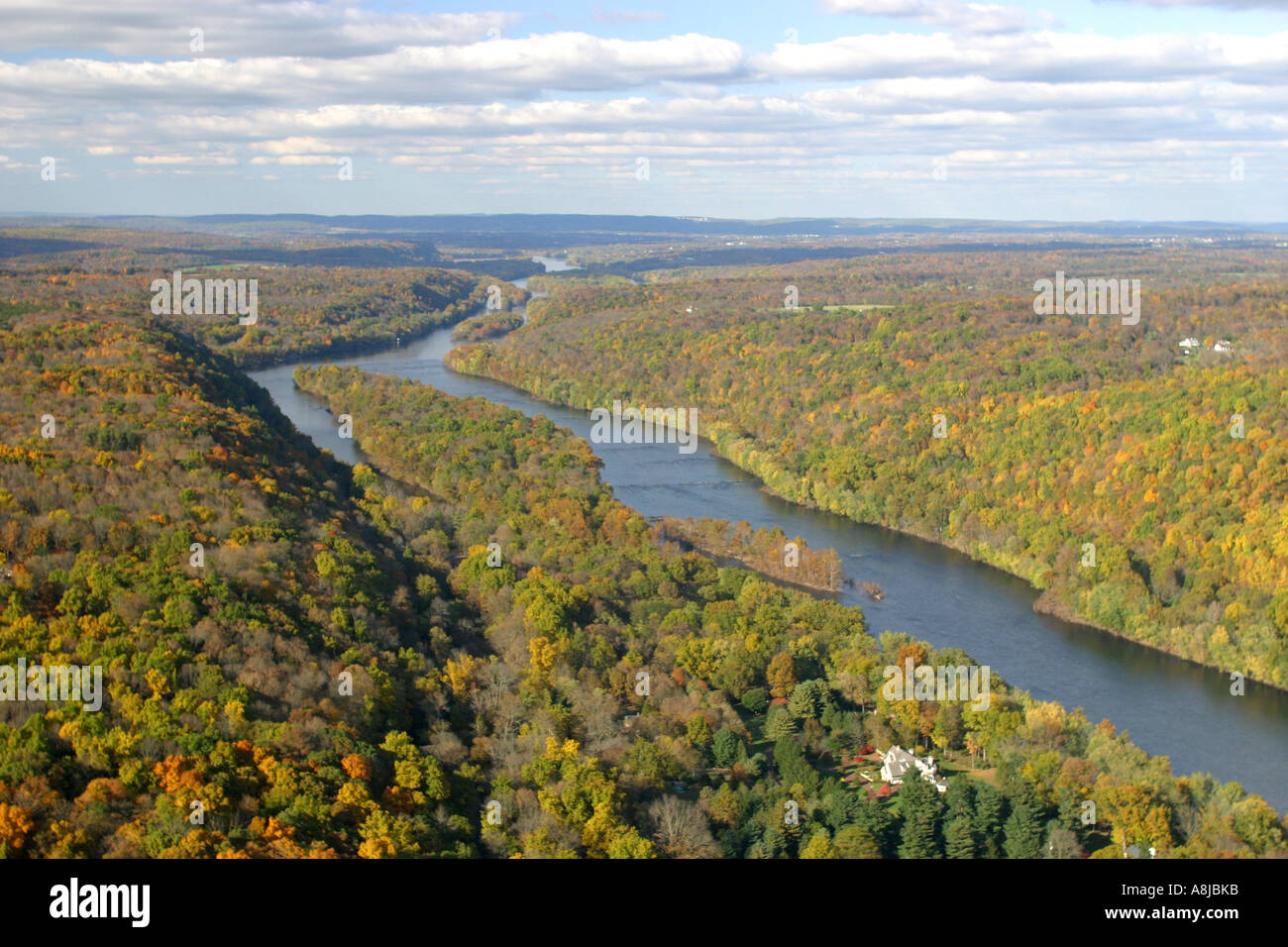 Aerial view of the Delaware River as it winds through New Jersey and ...
