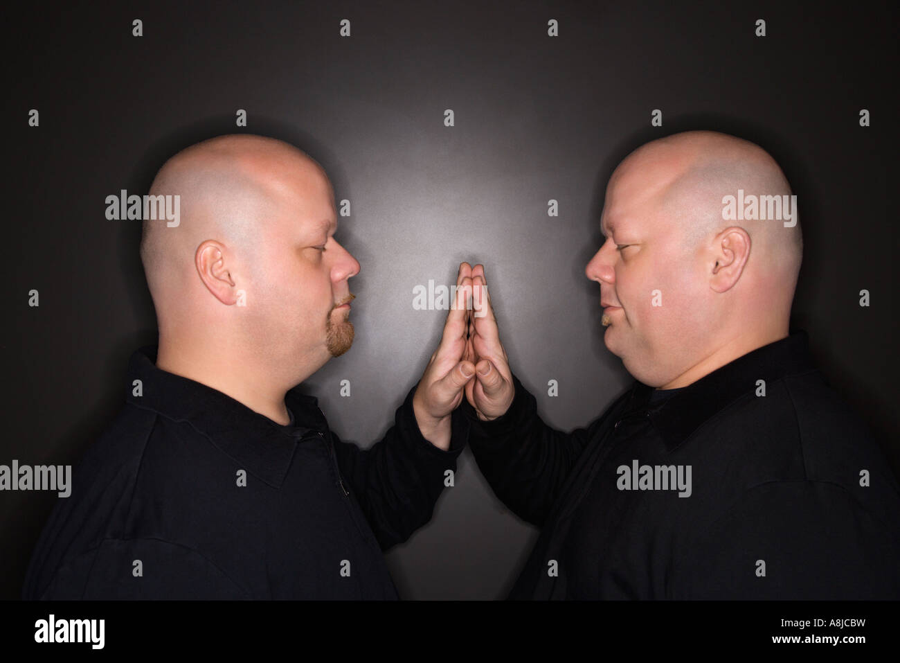 Caucasian bald mid adult identical twin men standing face to face with ...