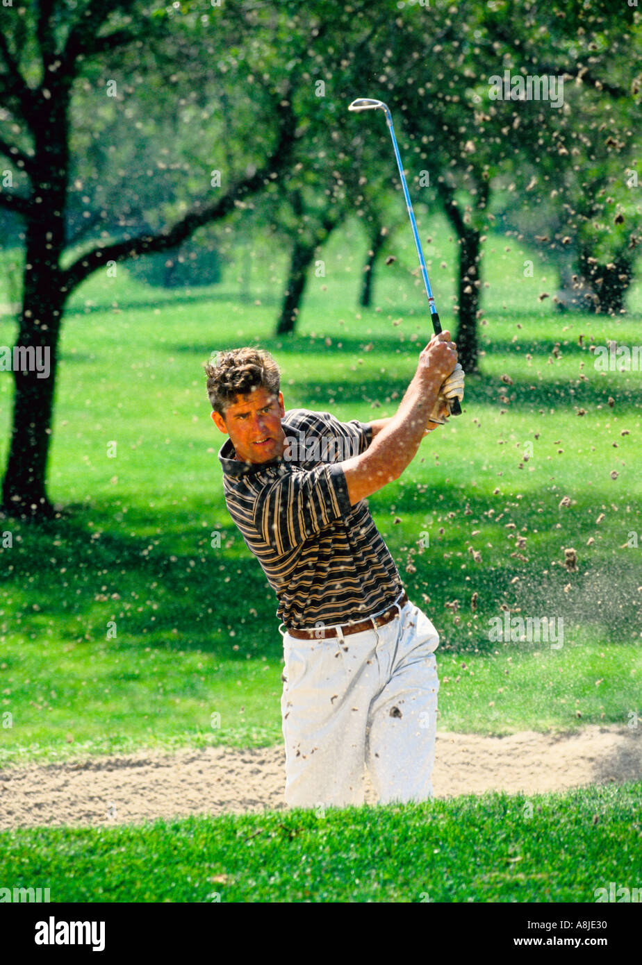 A golfer hitting out of a sand trap bunker Stock Photo - Alamy