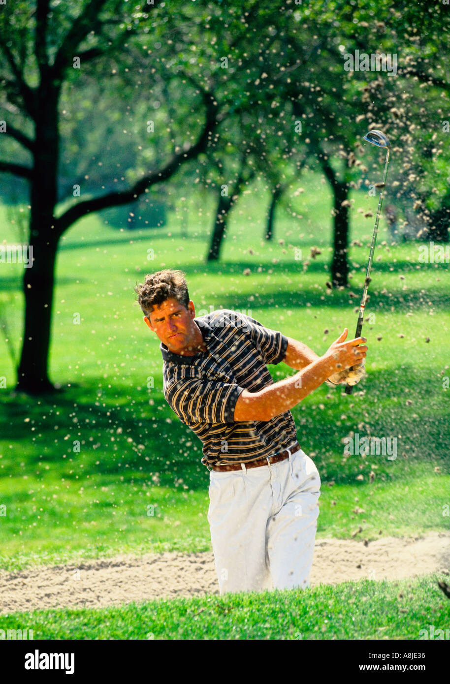 A golfer hitting out of a sand trap bunker Stock Photo - Alamy