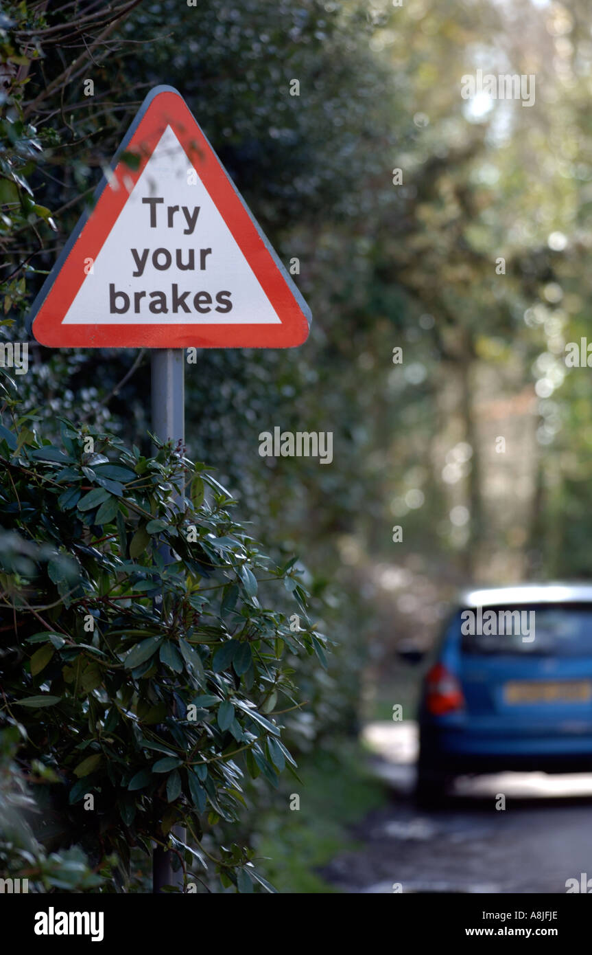 Try your brakes road sign, Britain UK Stock Photo - Alamy