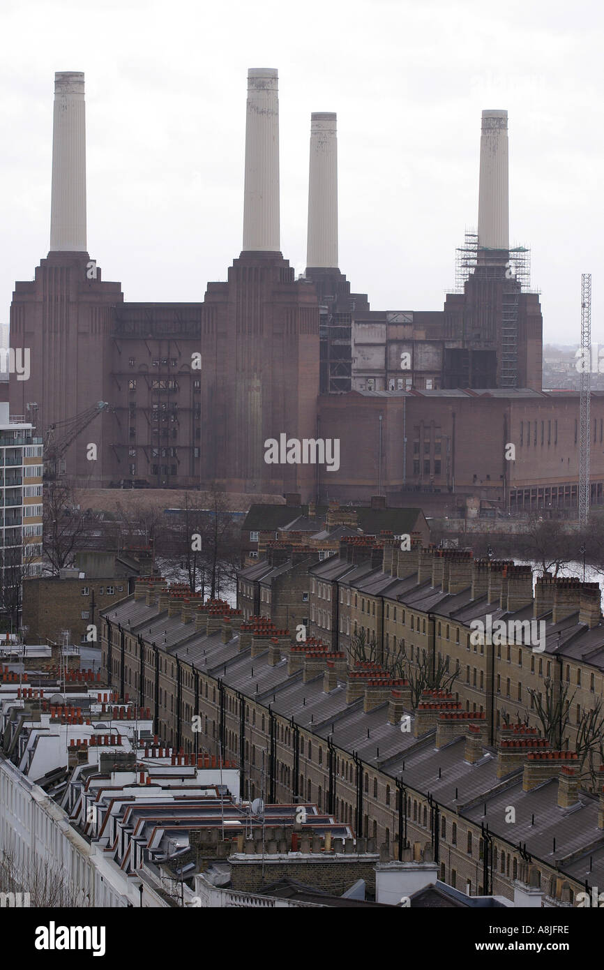 Battersea power station seen from a neighbouring tower block, London ...