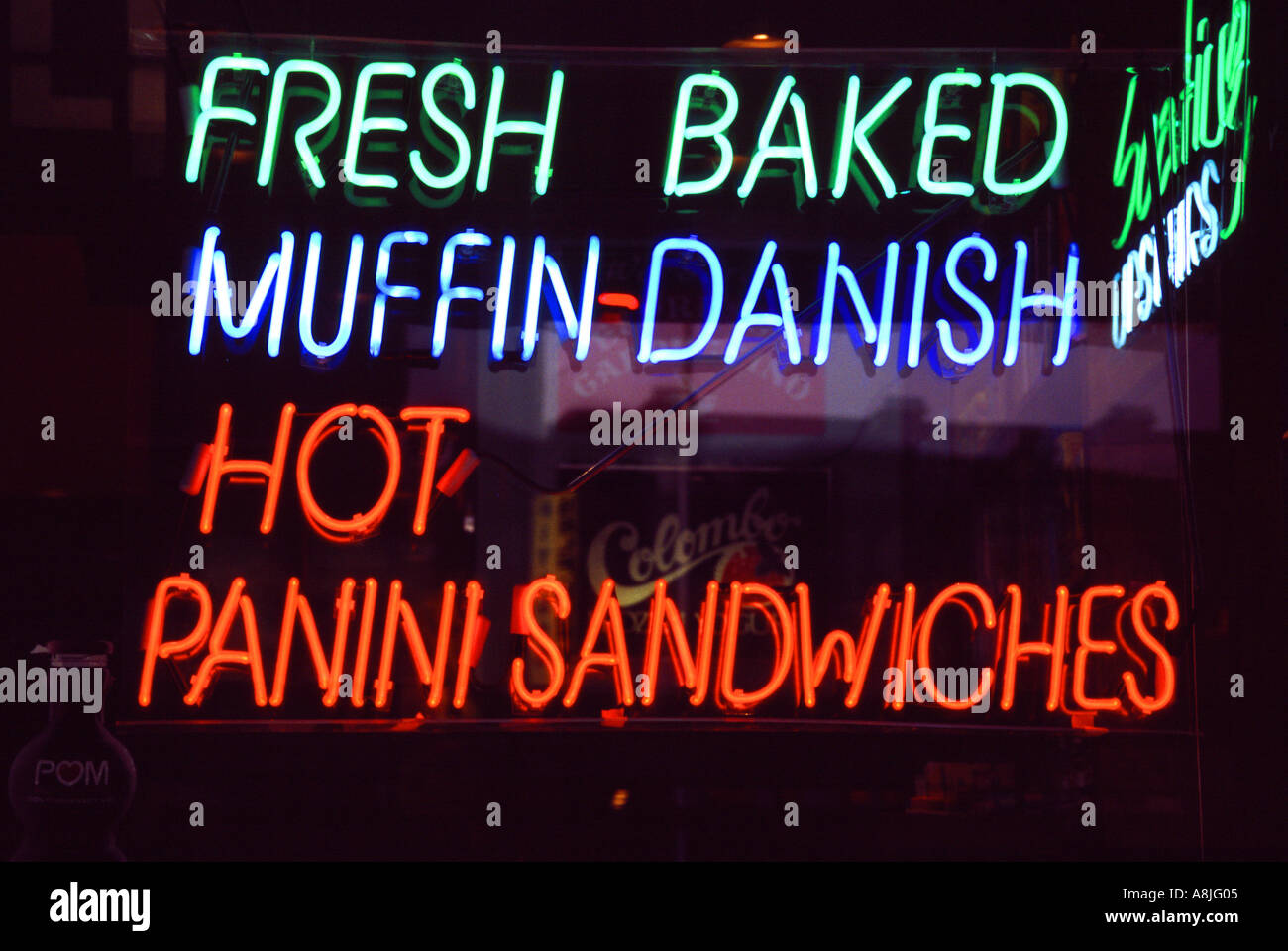 Iluminated Neon signs highlighting available food items Stock Photo - Alamy