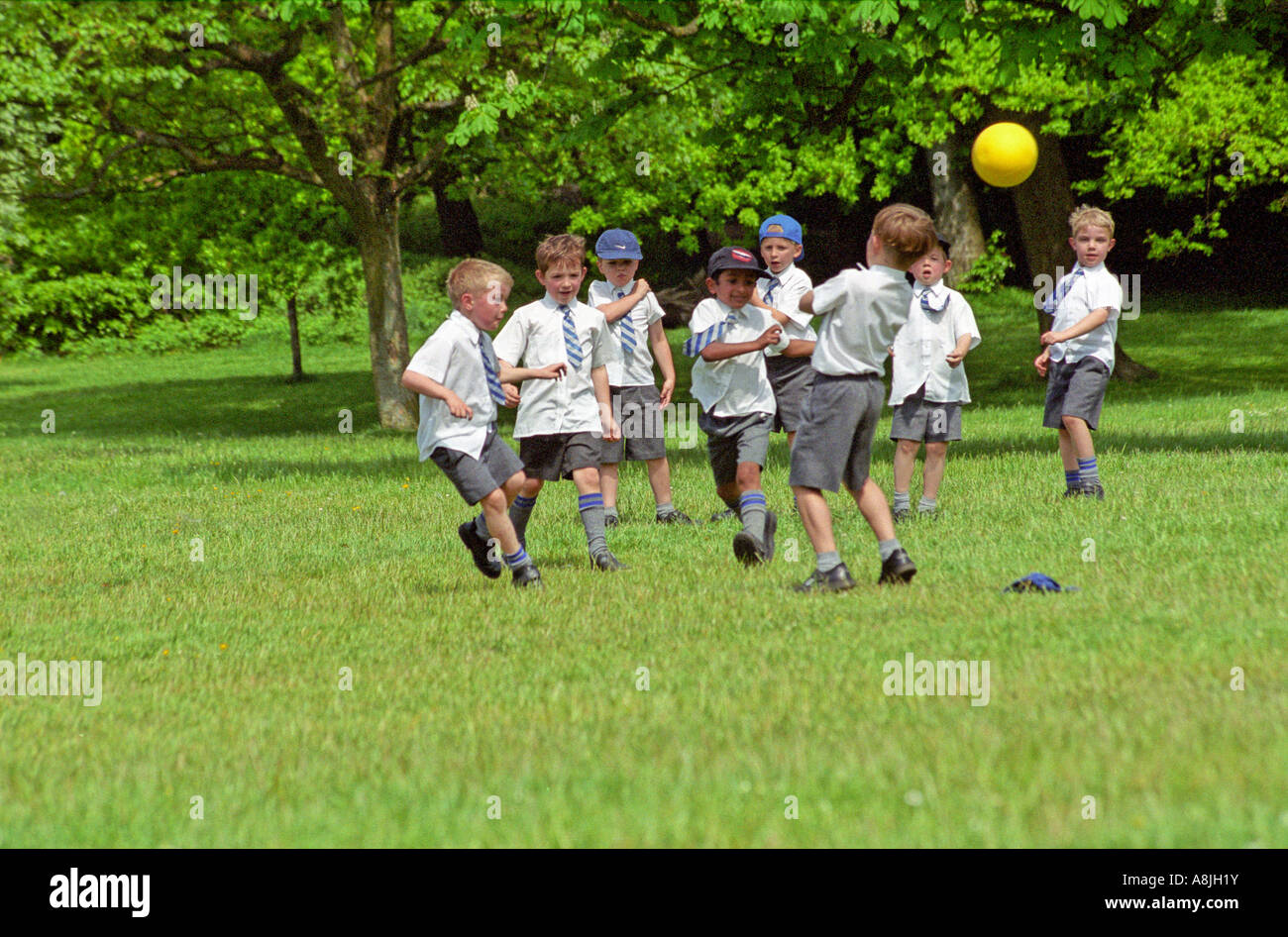 "Schoolboys playing Five a Side Football in the local park Stock Photo ...