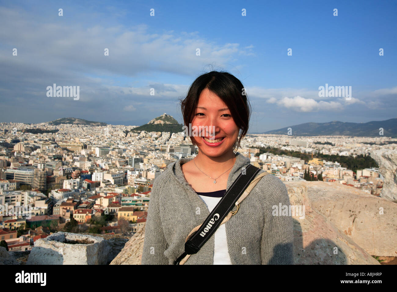 GREECE ATTICA ATHENS A JAPANESE STUDENT POSING FOR A PICTURE ON THE ...
