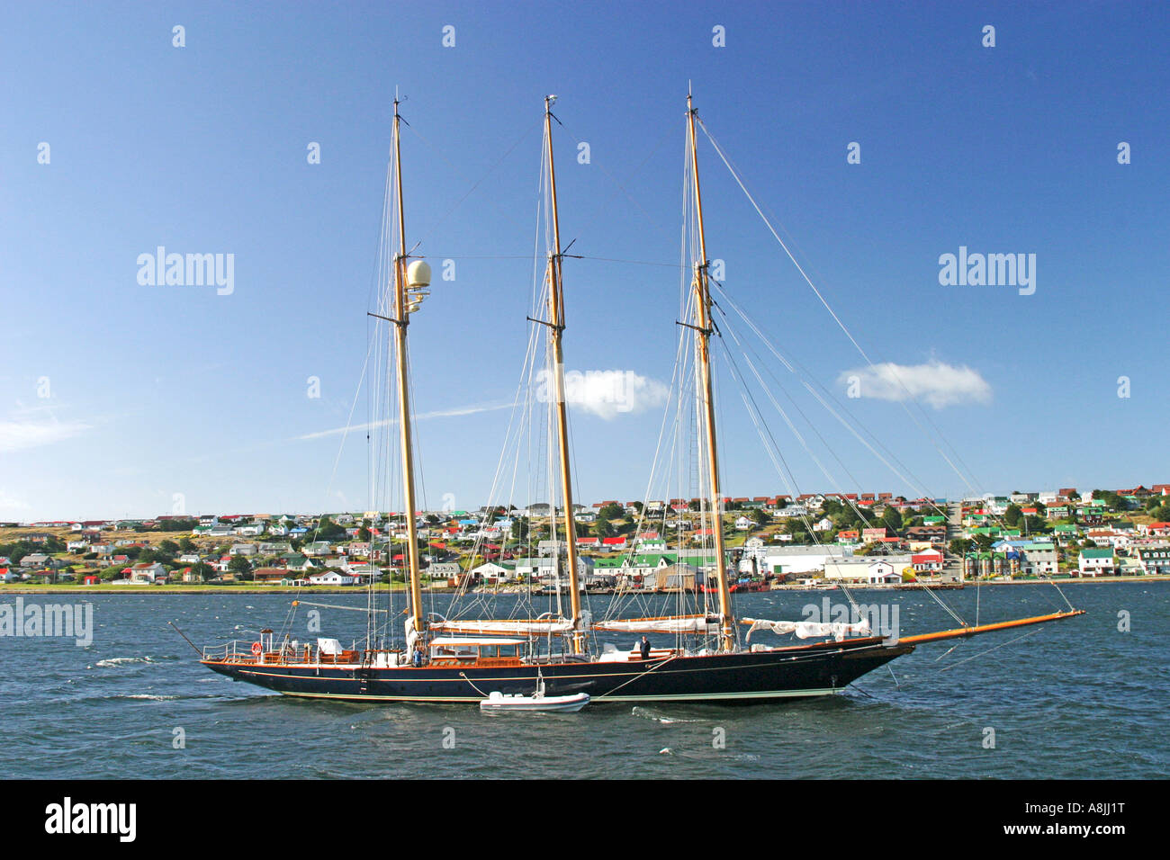 Three masted schooner sailing off the coast of the Falkland Islands ...