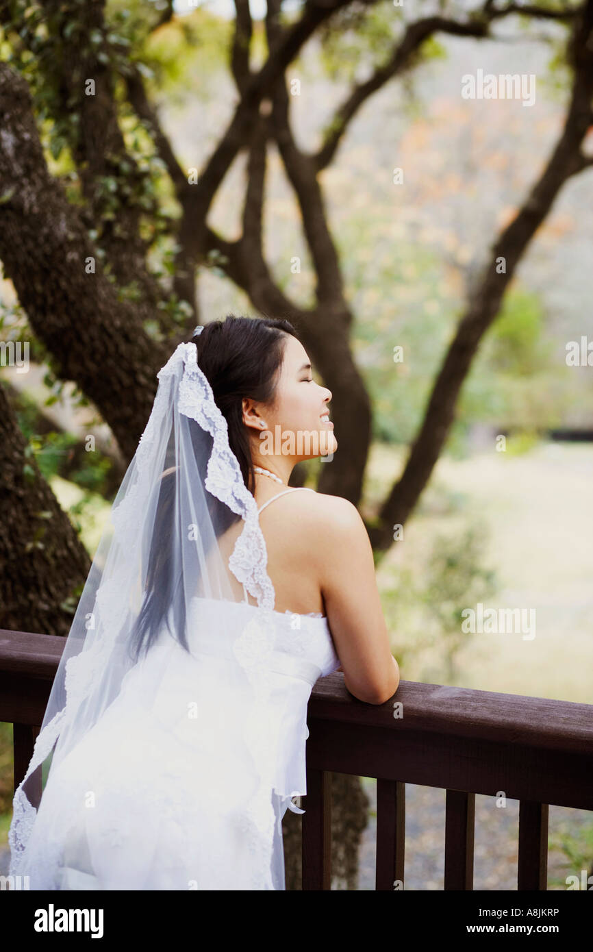 Rear view of a bride leaning against a railing Stock Photo - Alamy