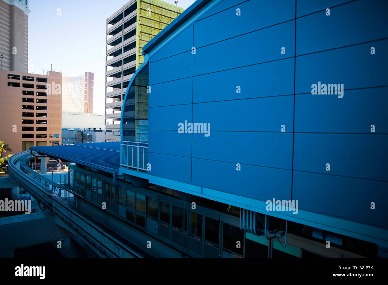 Monorail tracks and the exterior of a monorail station in Las Vegas ...