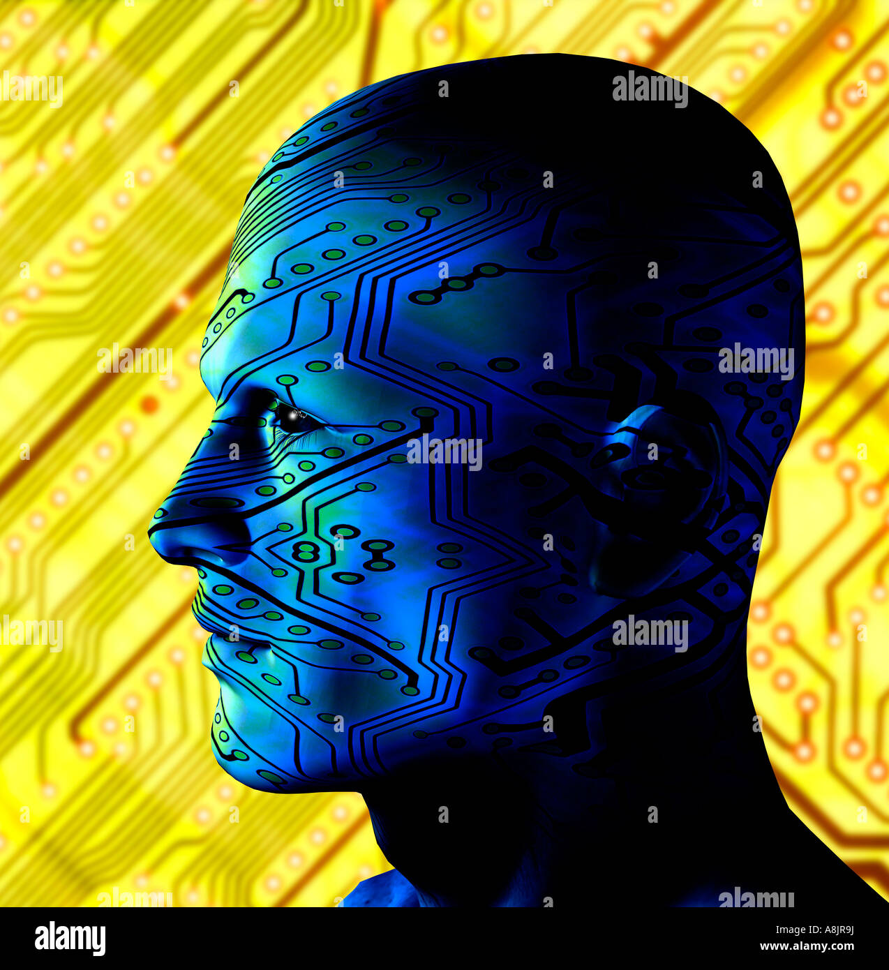 futuristic 3D computer generated bionic male robot head digitally ...