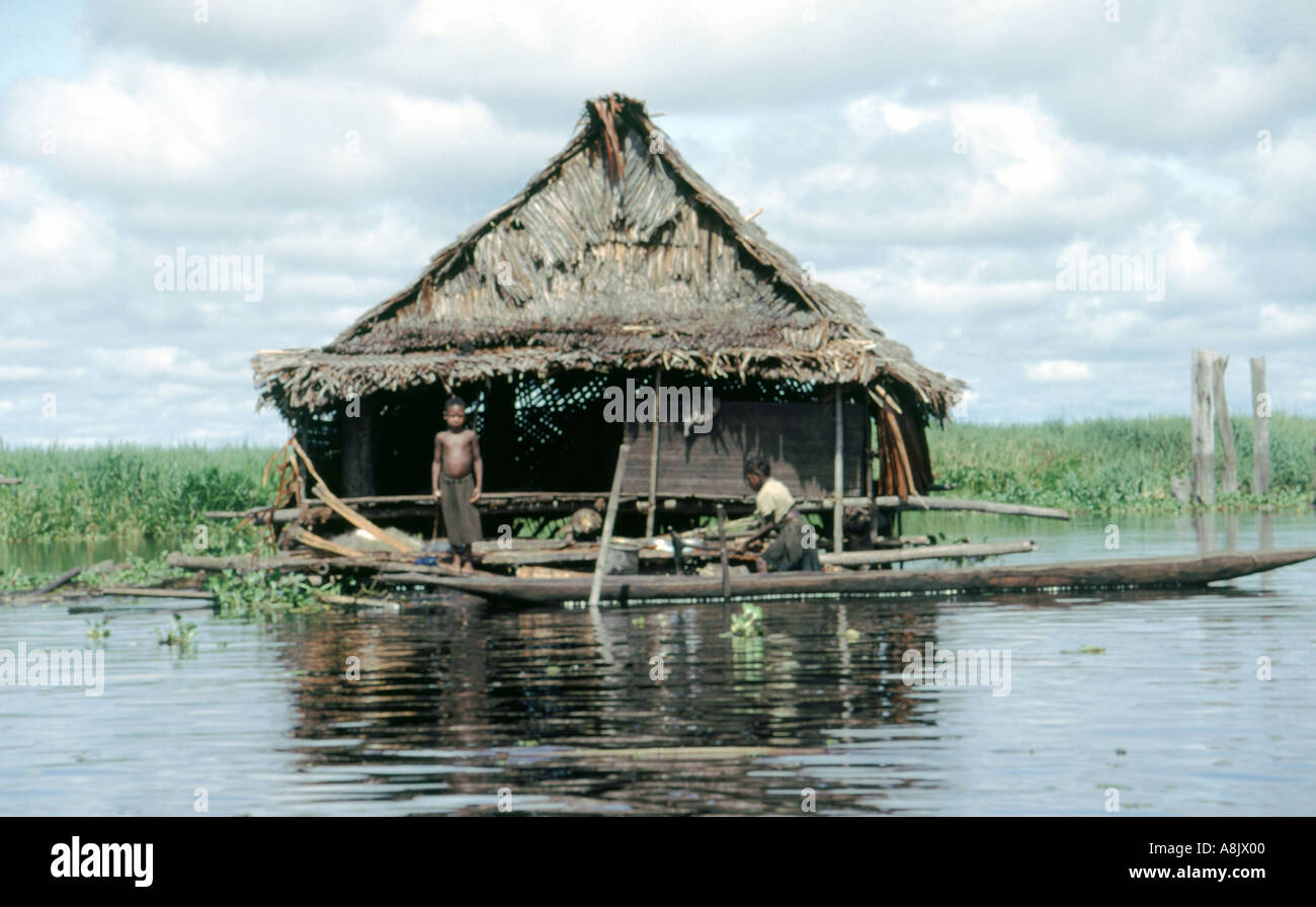 Traditional thatched stilt house on the flooded Sepik River near ...