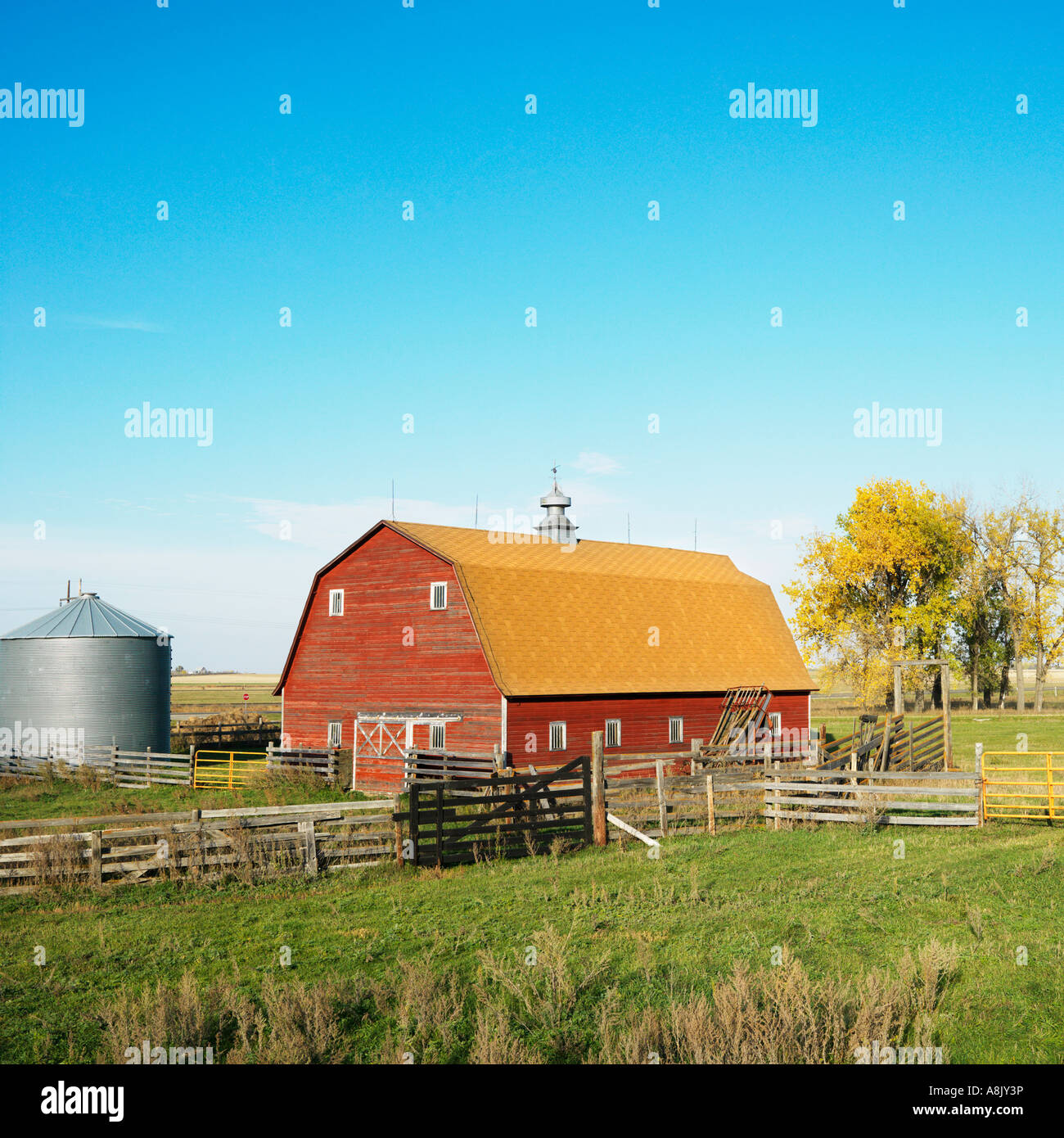 Red barn and fence in field Stock Photo - Alamy