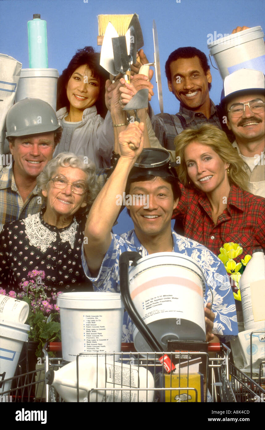 Happy home improvement workers Stock Photo - Alamy