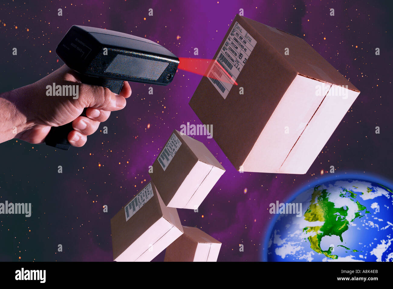 UPC scanner scanning product shipped worldwide Hand scanner in outer ...