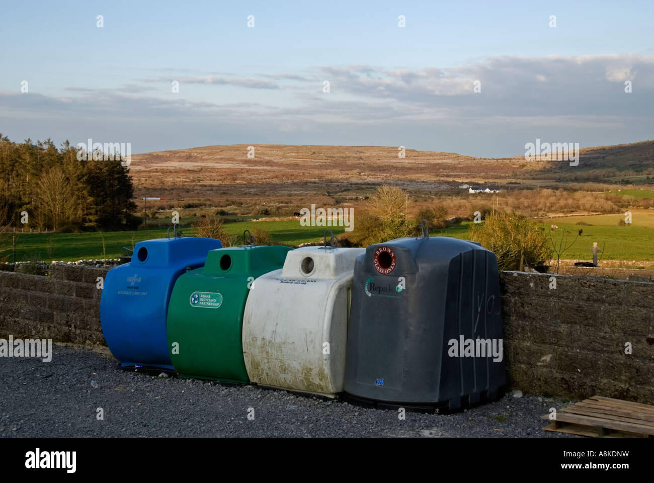 Recycling bins in picturesque landscape The Burren Ireland 2007 Stock ...